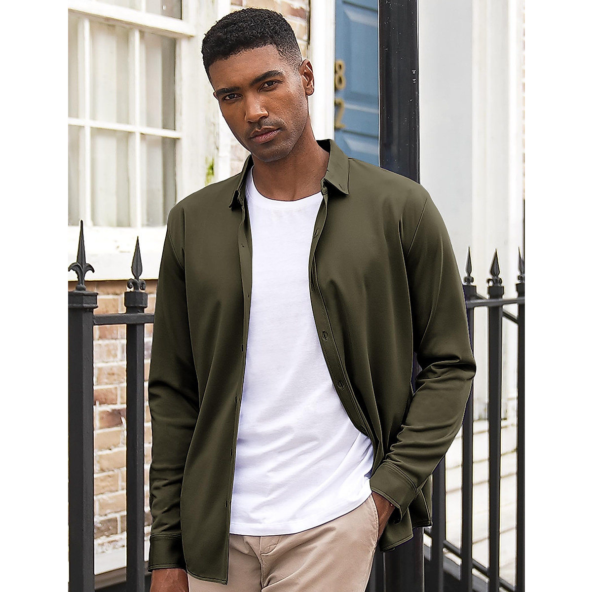 COOFANDY Men's Long Sleeve Button Up Dress Shirts Wrinkle Free Casual Dress Shirt Green