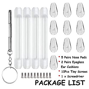 Eyeglasses Nose Pads BAZQU 5 Pairs Screw-in Glasses Nose Pads Set with Tiny Screw Screwdriver and Silicone Eyeglass Ear Cushions (White)