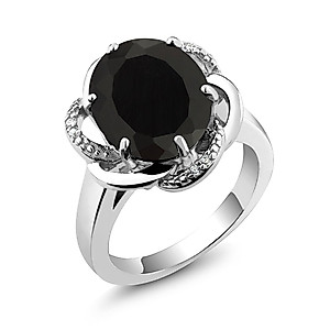 Gem Stone King 925 Sterling Silver Black Onyx Engagement Ring For Women (4.07 Cttw, Gemstone December Birthstone, Oval 12X10MM, Available in Size 5,6,7,8,9)
