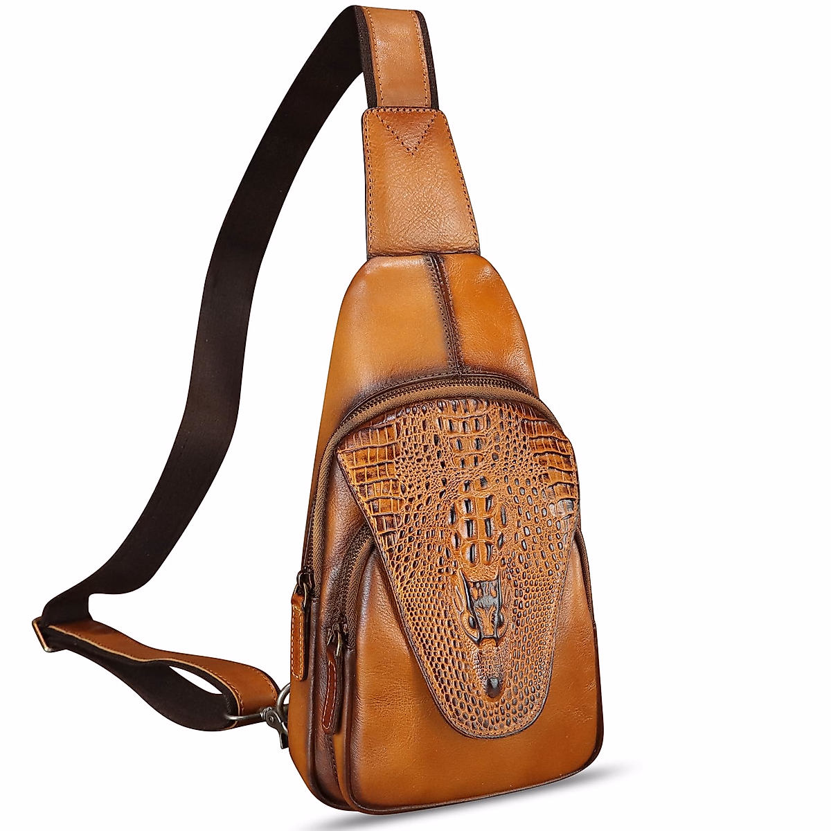 FEIGITOR Genuine Leather Sling Bag Embossed Crocodile Pattern Leather Crossbody Sling Backpack Handmade Chest Purse Daypack (Brown)