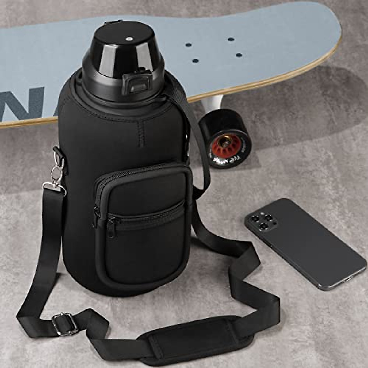 1 Gallon Water Bottle with Sleeve-128 oz BPA Free Large Leakproof Sport Plastic Motivational Water Bottle with Straw & Strap & Insulated Neoprene Holder Carrier Bag-Big Gym Water Jug for Women Men