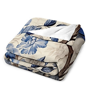 Blanket Blue White Floral Spring Flower Bird ChinoiserieWarm Blanket Flying Bird Flower Blue White Flannel Fleece Throw Blanket for Couch Sofa Bed for Adults Kids Boys Teens Gift for Adults 50"x60"