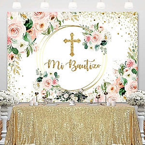 Sensfun Mi Bautizo Backdrop Gold Bless Spanish Baptism Girl First Holy Communion Party Decorations Pink Floral Gold Glitter Background Christening Newborn Photo Studio Booth Props 7x5ft