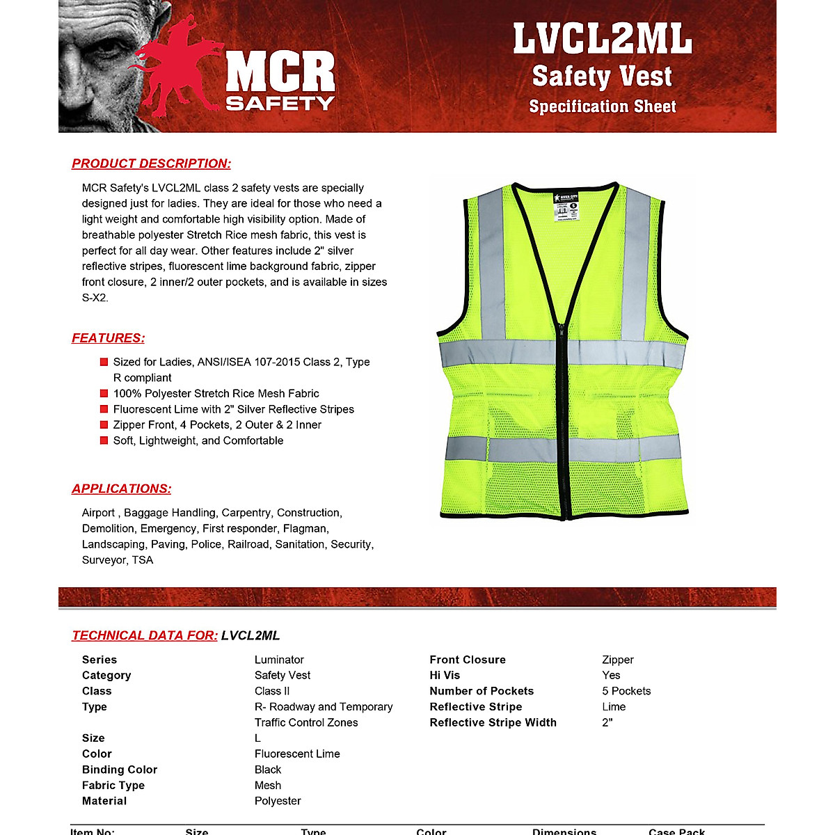 MCR Safety LVCL2MLM Ladies Sized Class 2 Lightweight Safety Vest, Silver Reflective Stripe, Zipper Front, Lime, Medium