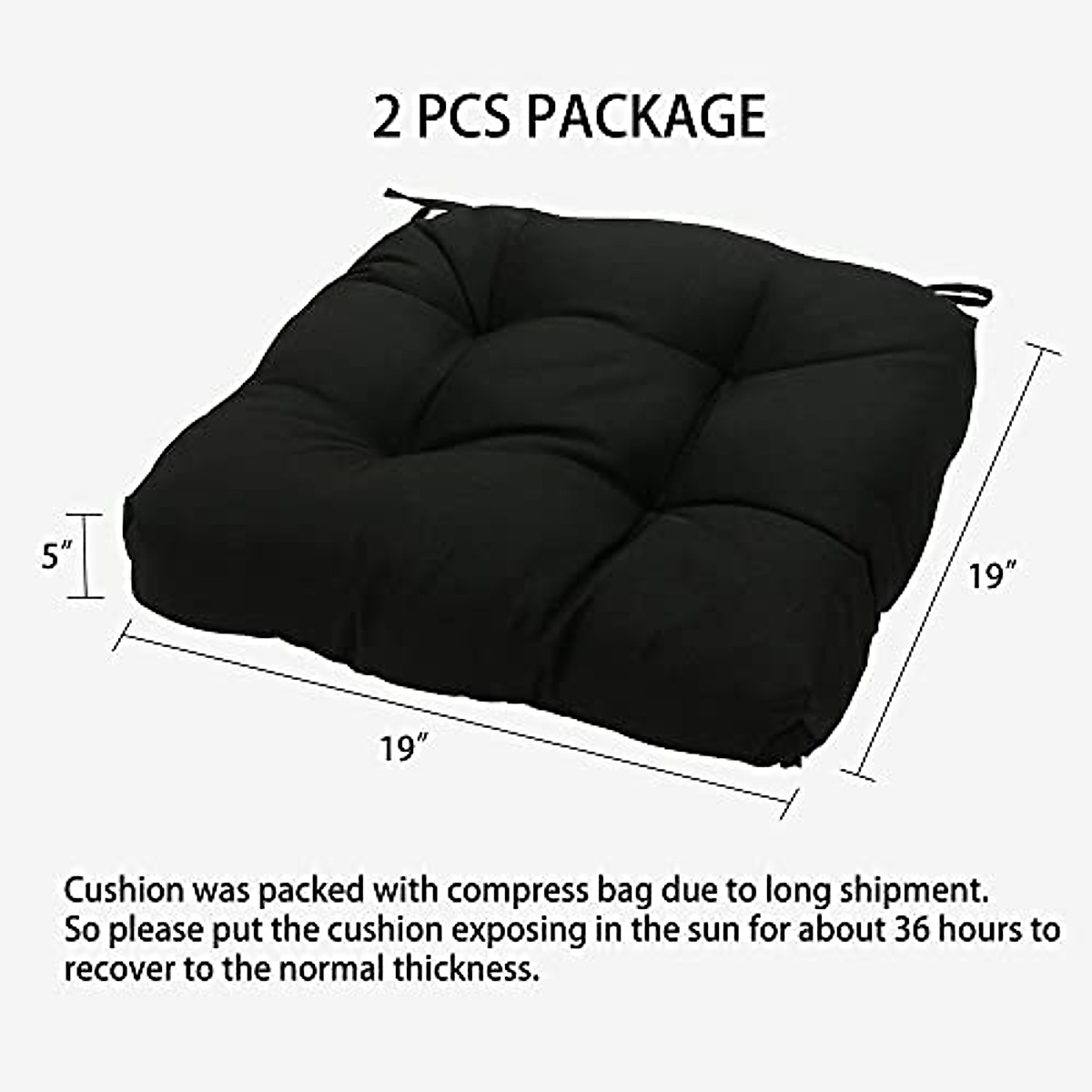 Magpie Fabrics Patio Tufted Seat Cushions 19"x19" with Ties, 2 Pack, U-Shape Waterproof Outdoor/Indoor Chair Pads for Garden Dining Office, Tatami Floor Pillow Meditation(Black Solid)