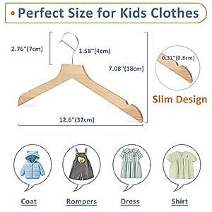 FairyHaus Kids Hangers 20 Pack 12.6 Inch, Eco Bamboo Baby Hangers for Closet, Anti-Rust 360° Swivel Hook, Notches & Smooth Finish, Natural Wooden Childrens Hangers for Clothes