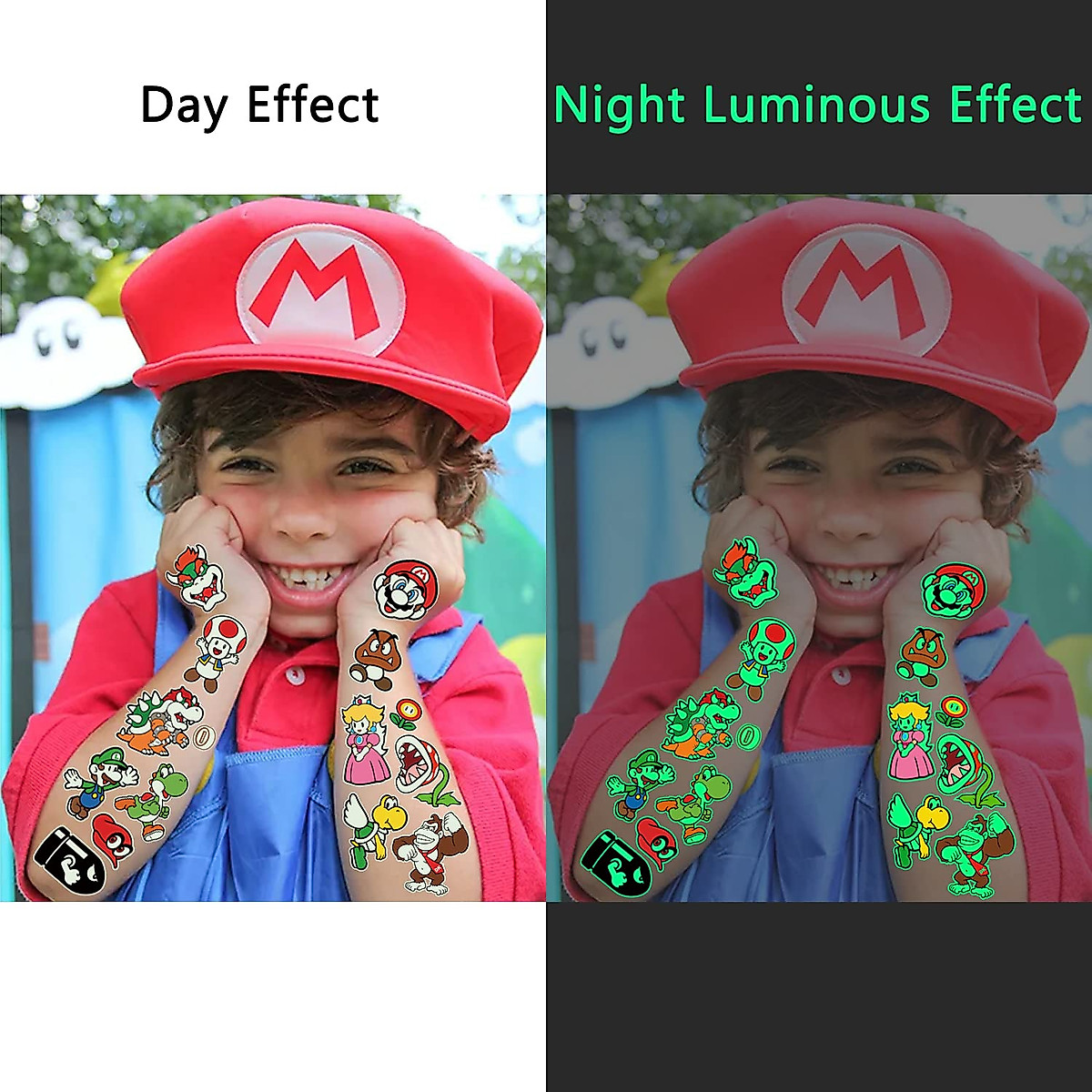 Mario Birthday Party Supplies, 34Pcs Temporary Tattoos Party Favors, Glow In The Dark Removable Skin Safe, Fake Tattoo Stickers for Goody Bag Treat Bag Stuff for Mario Birthday Party Gifts