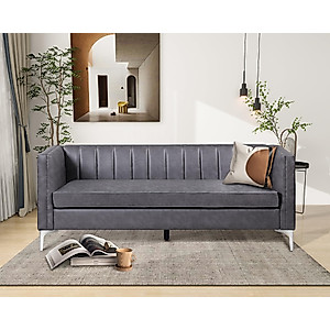 Morden Fort Living Room Chair and Sofa Couch Set, 2 Pieces of Modern Minimalist Upholstered Faux Leather Furniture with Metal Legs for Bedroom, Apartment, Lounge Room Grey