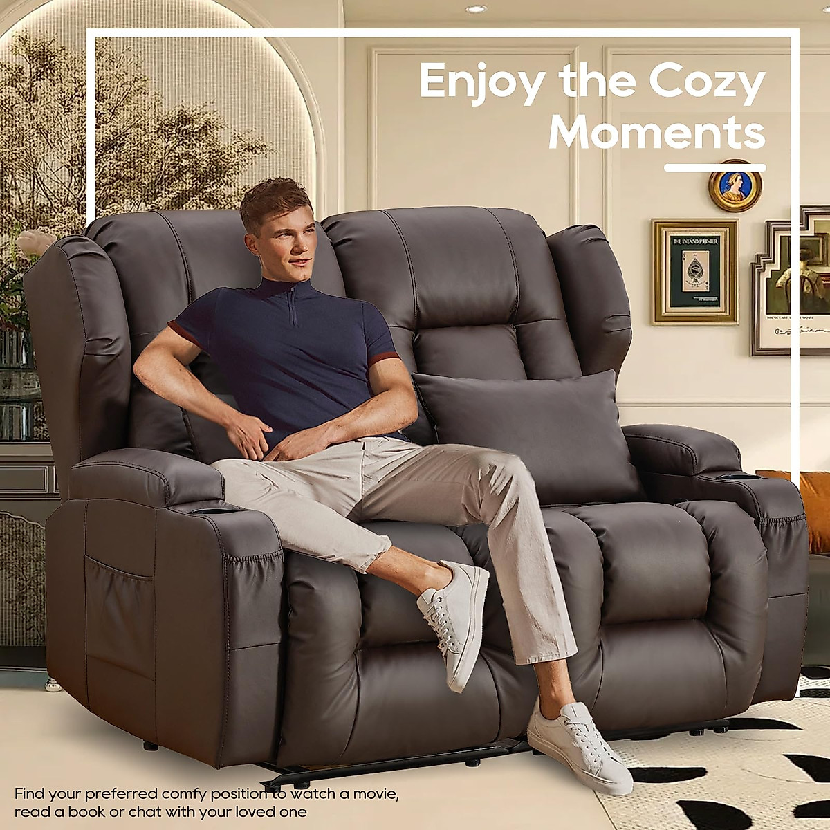 IPKIG 54.2" RV Loveseat Recliner | Double Recliner RV Sofa with Side Pockets | Faux Leather Reclining RV | RV Theater Seats |RV Theater Seating | RV Furniture, Manual Recliner Chair (Brown)