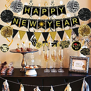 Happy New Year Banner Pom poms Triangle Flag Swirls Garland Hanging Bunting for Happy New Year Party Decorations