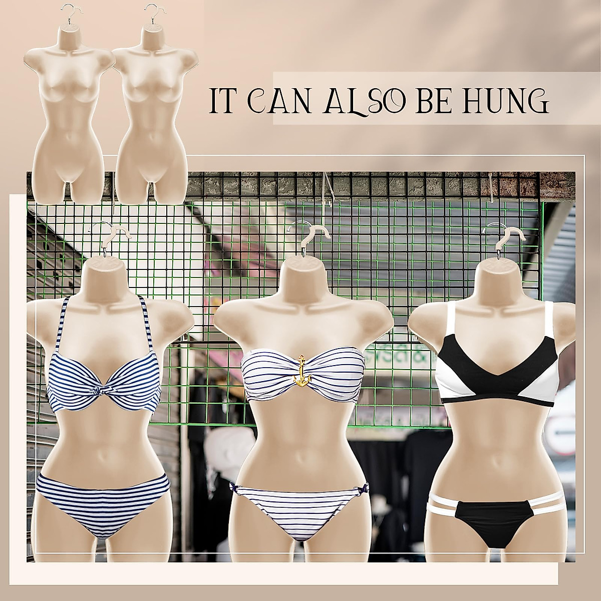 Kigley 12 Pcs Female Mannequin Torso Hanging Mannequin Flesh Colored Dress Form Hollow Back Thickened Plastic Female Clothing Mannequin with Hanging Hook for Clothes Display, 31.1 x 16.1 Inch