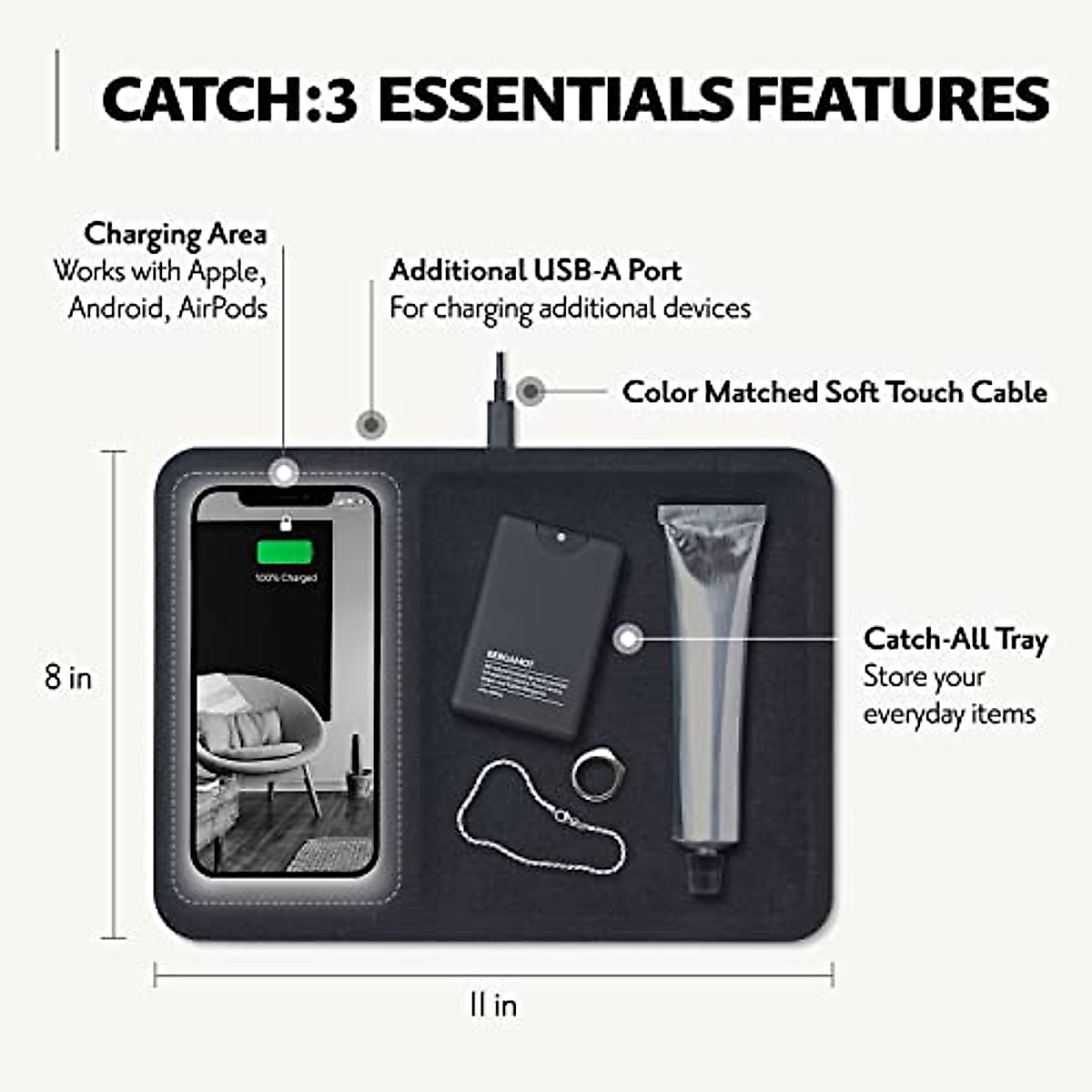 Courant Catch:3 Essentials - Belgian Linen Wireless Charger & Valet Tray - Qi-Certified, Compatible with iPhone 14, 13, 12, 11, Samsung Galaxy S23, S22, S21, S20, Note, AirPods, AirPods Pro (Charcoal)