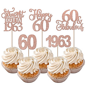 Rsstarxi 30 Pack 60th Birthday Cupcake Toppers Glitter Sixty Straight Outta 1963 Happy 60 Cupcake Pick Decorations Cheers to 60 Fabulous Years Birthday Anniversary Cake Decorations Rose Gold