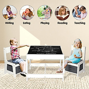 3 in 1 Kids Wood Table and 2 Chairs Set ,Multi Activity Table and Chair with Storage Children Play Desk for Building Blocks Reading Drawing Art Playroom (Gray)