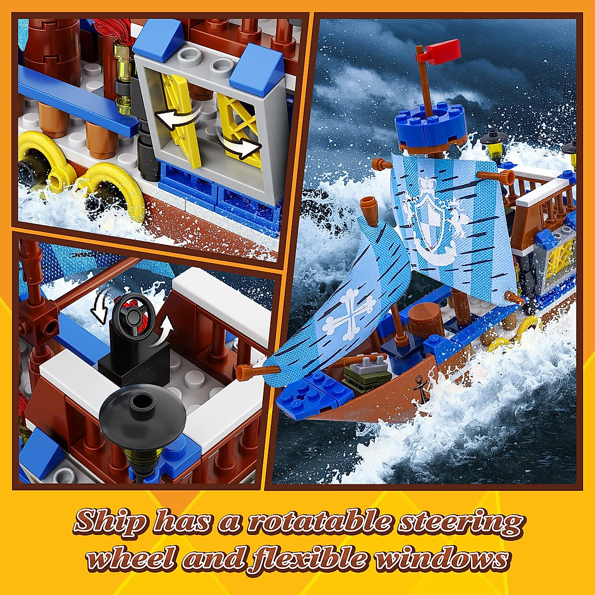 amireed Pirate Ship Toy, Pirate Ship Toys for Boys with 3 Minifigures, Treasure Island Toys, 235pcs Pirate Ship Toys for Kids Ages 6+ Indoor Birthday Party