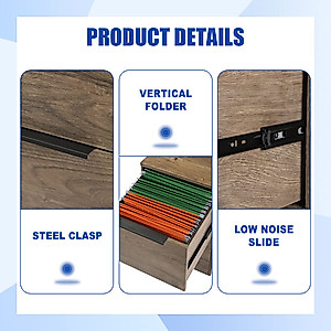 LUCYPAL 2 Drawer Wood File Cabinet,Wooden Storage Filing Cabinets with Hanging Bars for Letter Size and Home Office,Under Desk Storage Cabinet,Assembly Required (Grey)