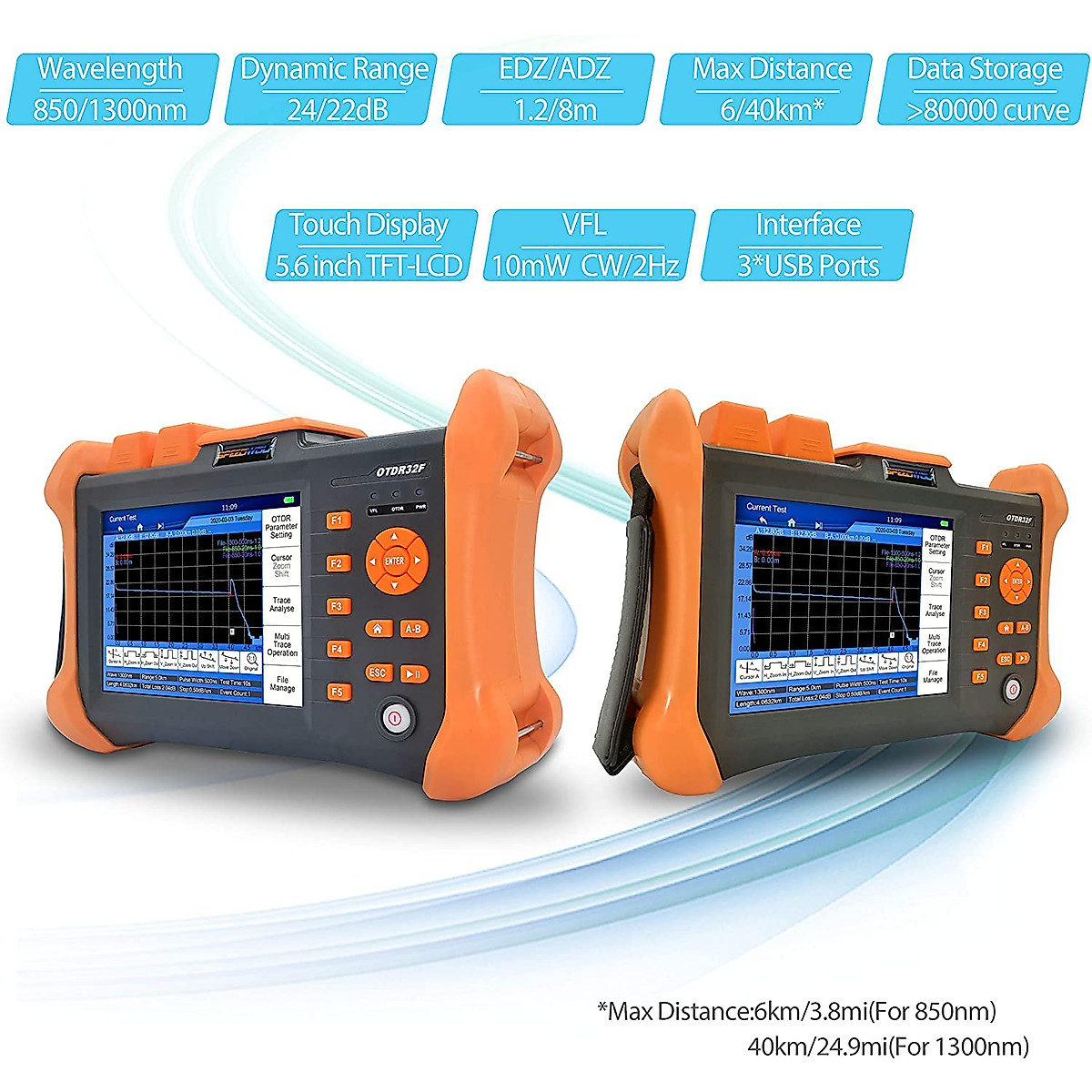 SPEEDWOLF 850/1300nm 24/22dB Multimode OTDR 5.6inch Touch Screen FTTH Fiber Optic Cable Tester with Visual Fault Locator(VFL) and FC+SC+FC/UPC(Male)-LC(UPC+APC)(Female) Adapter(OTDR32F-T1-MD-1)