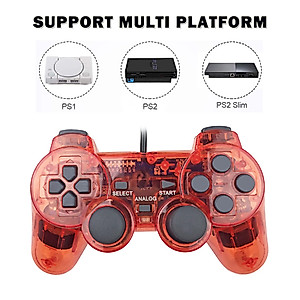 JINHOABF 2 Pack PS2 Wired Controller,Double Shock Gamepad Compatible with Playstation 2 Console (Clear Red and Clear Blue)