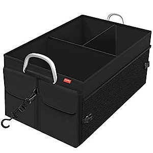 MORROLS Car Trunk Organizer - Trunk Storage Organizer Collapsible 3-Compartments with Aluminium Alloy Handle and Adjustable Securing Straps (Black)