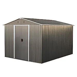 10x8FT Outdoor Metal Storage Shed with Floor Frame, UV Resistant Waterproofs Steel Garden Shed, Tool Storage Shed with Sloping Roof and Lockable Door for Backyard, Patio and Lawn (Grey)