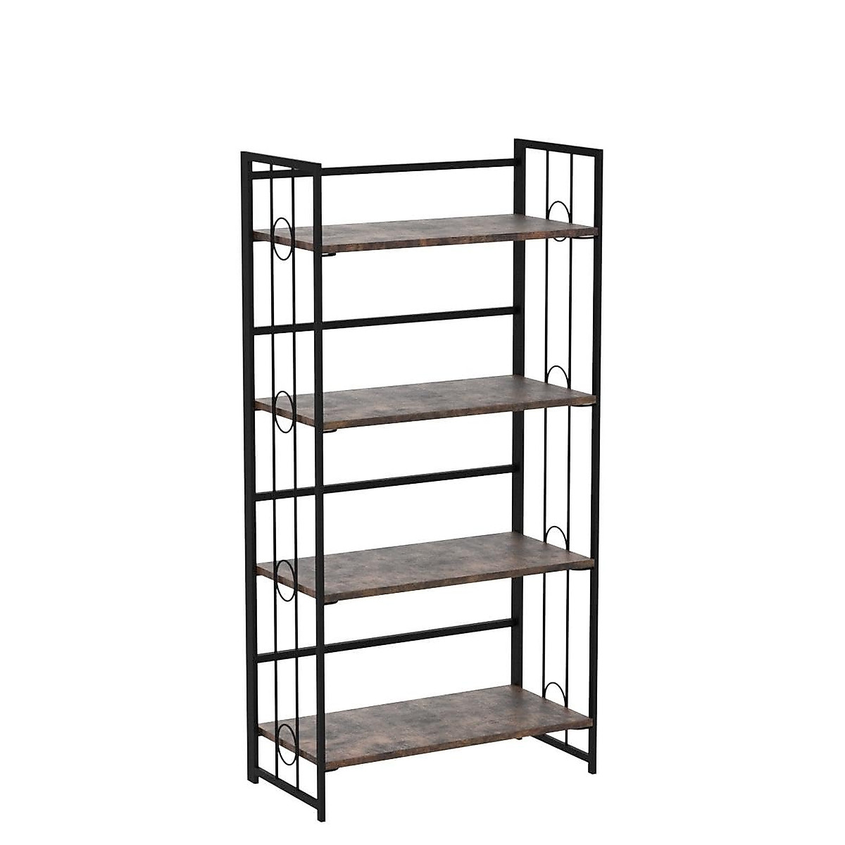 4NM No-Assembly 4 Tiers Folding Bookshelf Storage Shelves Vintage Bookcase Standing Racks Study Organizer Home Office - Rustic Brown and Black