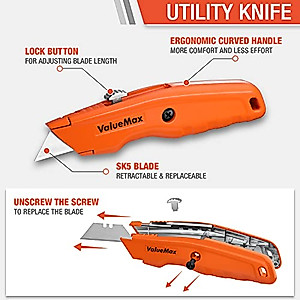 VALUEMAX Utility Knives Set, Box Cutter Retractable, 18mm Snap-off Knife, Razor Blade Scraper, 3-piece Complete Work Knife Set with 28-piece Blades