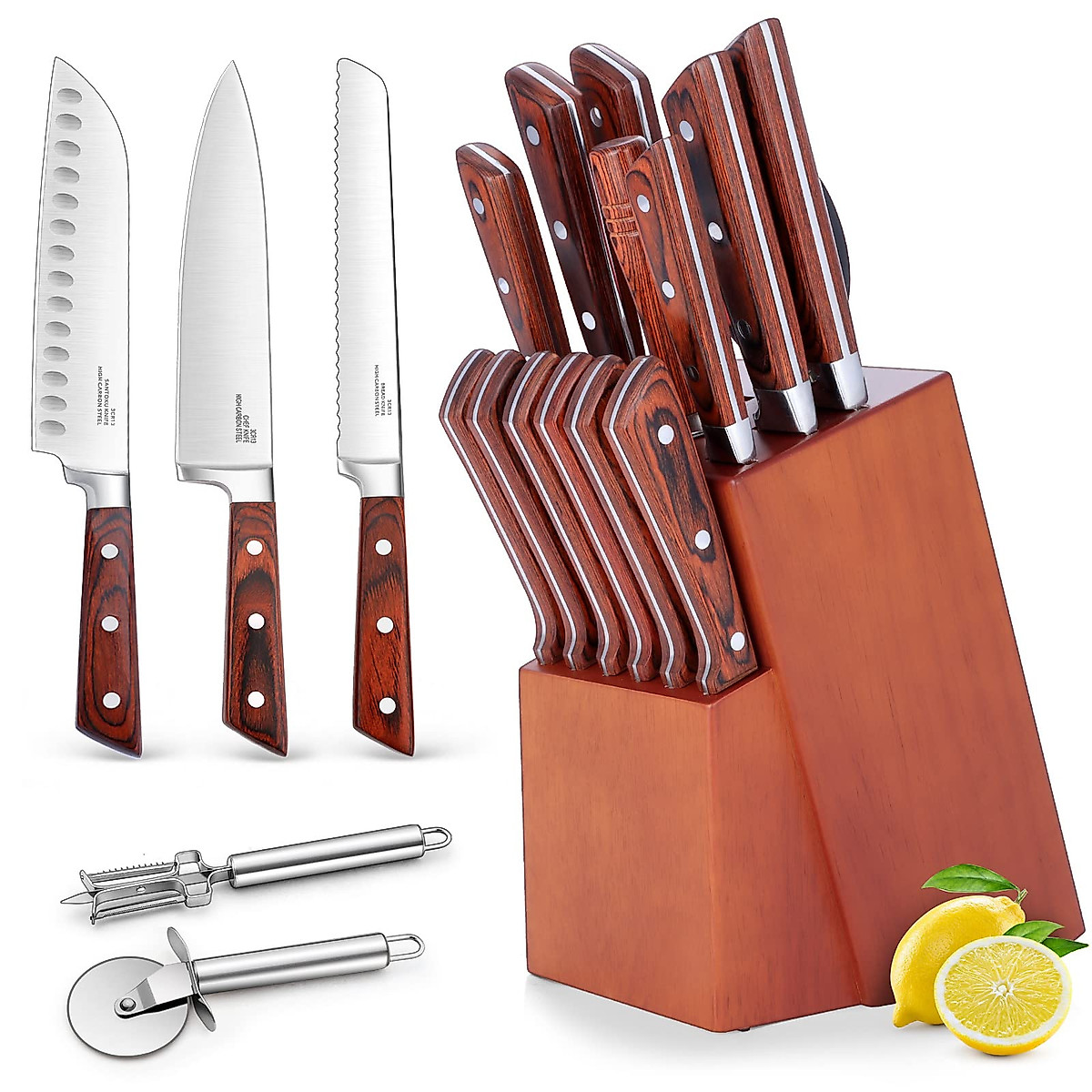 Kitchen Knife Block Set, E-far 17-Piece High Carbon Forged Stainless Steel Knife Sets Includes Chef Utility Paring Steak Serrated Bread Santoku Knife Sharpener - Full Tang Design