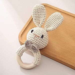 Wooden Baby Rattle Crochet Bunny Baby Toys Handmade Newborn Toy Early Development Grips Stuffed Animal Organic Rattle