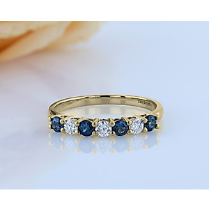 Dazzlingrock Collection 2.5mm Each Round Blue Sapphire & White Diamond 7 Stone Stackable Wedding Band for Women in 14K Yellow Gold, Size 7.5