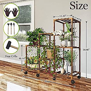 Qilebi Plant Stand Indoor With Wheels, Wood Outdoor Plant Stand for Multiple Plants, 9 Tier Ladder Plant Holder Table Plant Pot Stand for Garden, Balcony, Living Room, Corner, Front & Back Yard