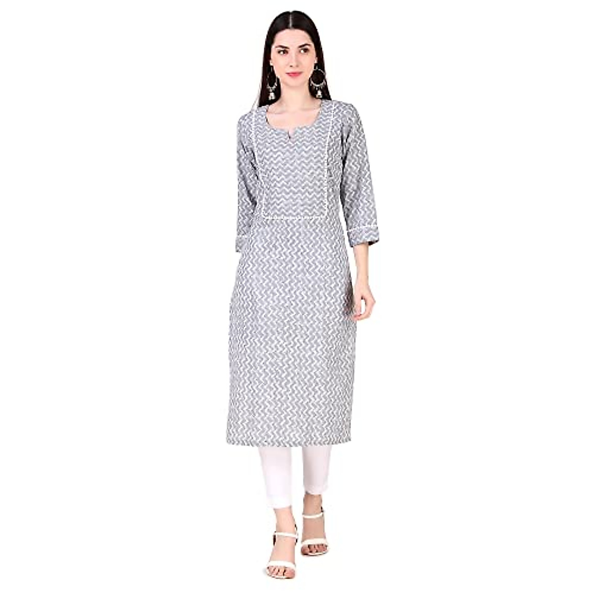 ladyline Traditional Printed 100% Cotton Kurtis for Women with Lace work Tunic Top (CPK LLJP) (46/Gray)