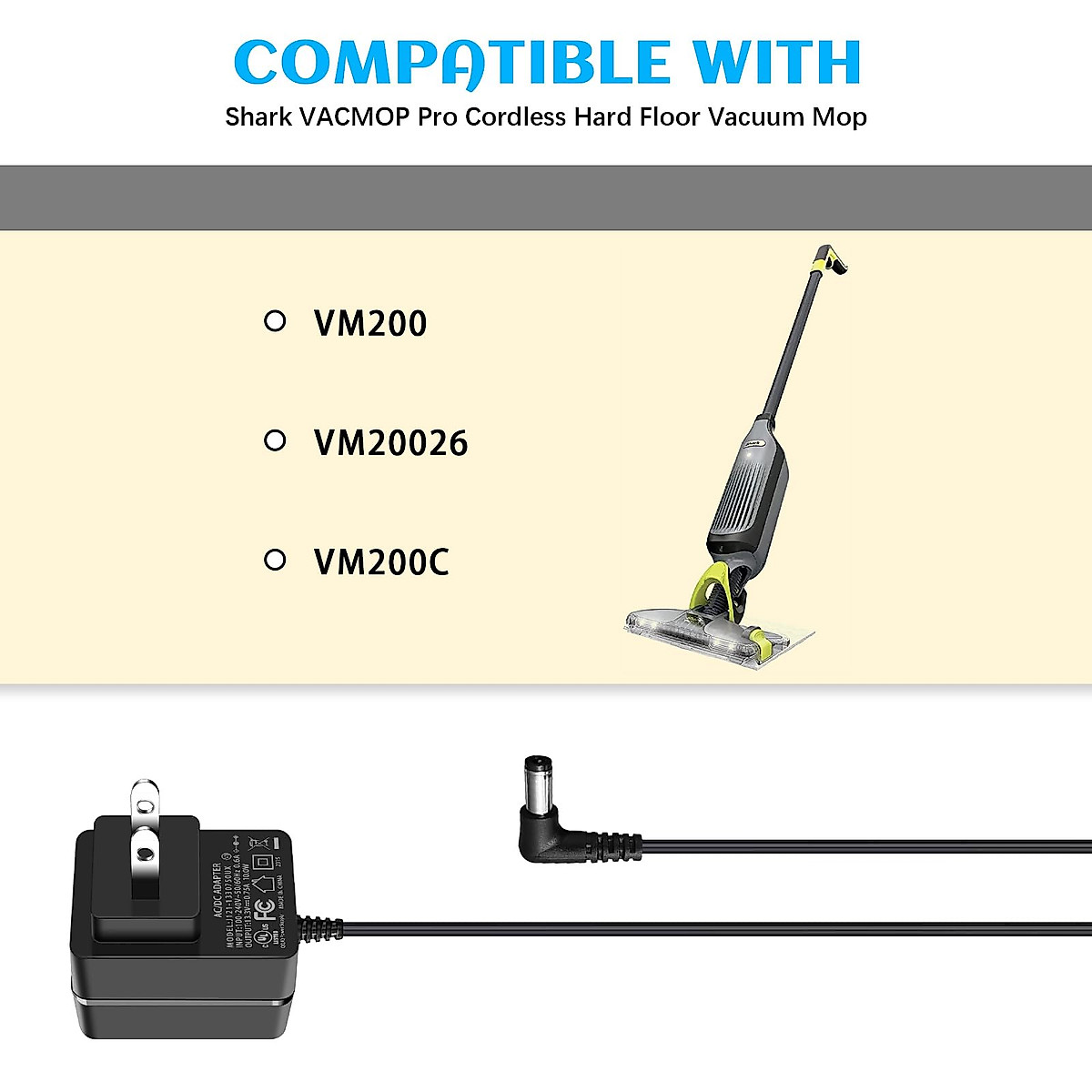 Power Cord for Shark VACMOP VM200 VM200C VM20026 UM200 UM205 VC205 Hard Floor Vacuum Mop AC Adapter Charger Replacement