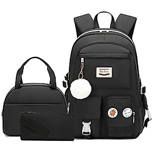 Hey Yoo School Backpack for Girls Backpack with Lunch Box Teen Girl Backpack Set Cute School Bag Bookbag for Teen Girls (Black)