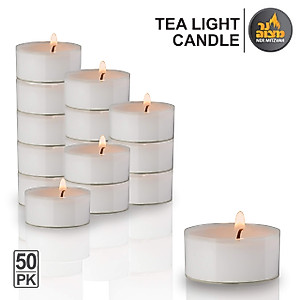 Ner Mitzvah Tea Light Candles - 50 Bulk Pack - White Unscented Tealight Candles in Clear Cup - Long Burning - 4.5 Hour