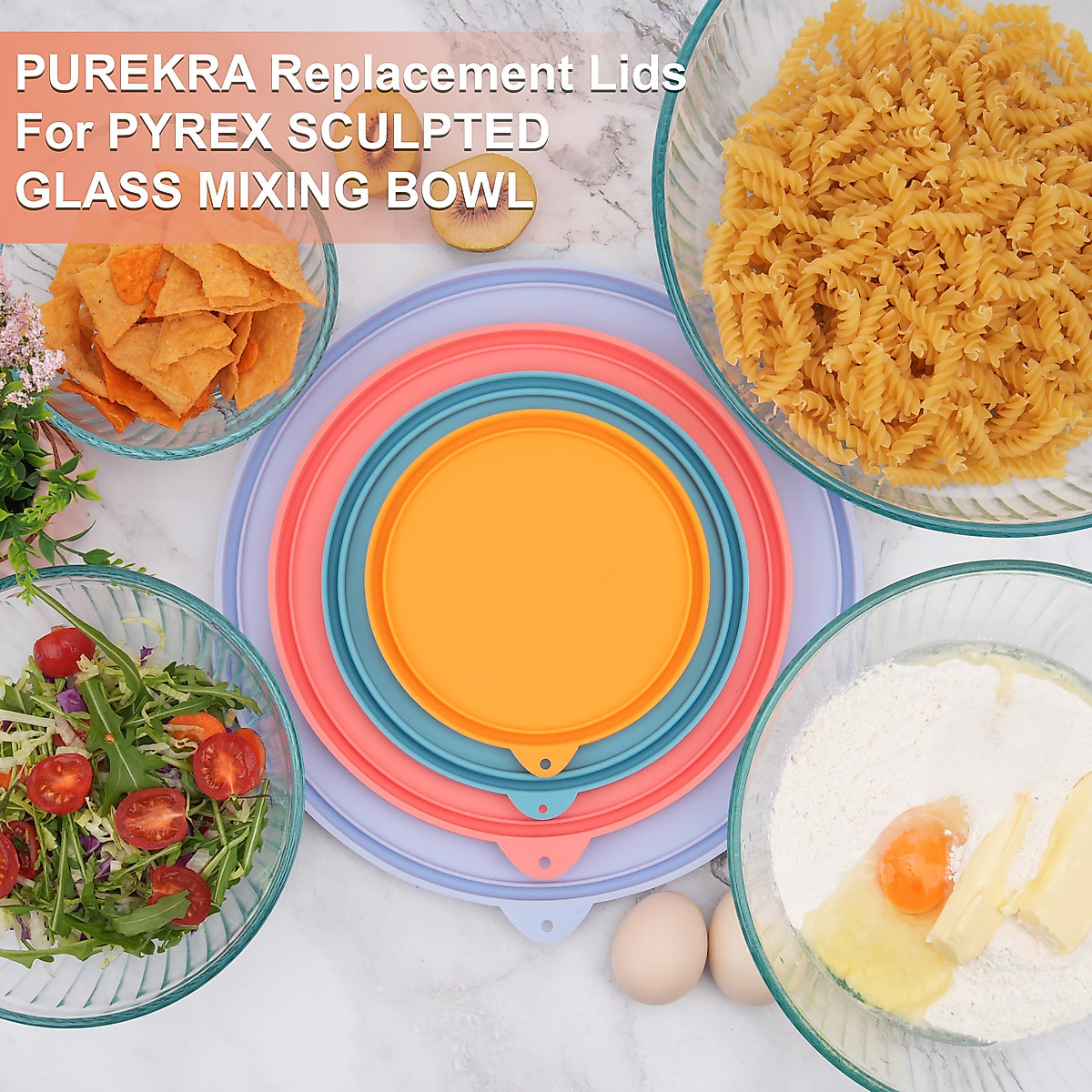 Purekra 3 Pack Silicone Replacement Lids for Pyrex 7402-S 1.3 Qt, 7403-S 2.3 Qt, 7404-S 4.5 Qt Sculpted Tinted Glass Mixing Bowls (BOWL NOT INCLUDED)