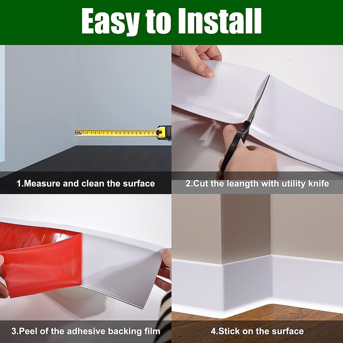 Flexible Baseboard Molding Trim, Vinyl Baseboard Molding 4 Inch x 20 Feet Self-Adhesive Peel and Stick Baseboard White for Wall Base Cove Base, Bedroom, Kitchen, Dining Room, Office, Rubber Baseboard