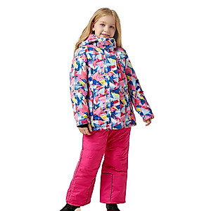 M2C Girls Thicken Warm Hooded Color Block Ski Snowsuit Jacket & Pants Pink 7/8