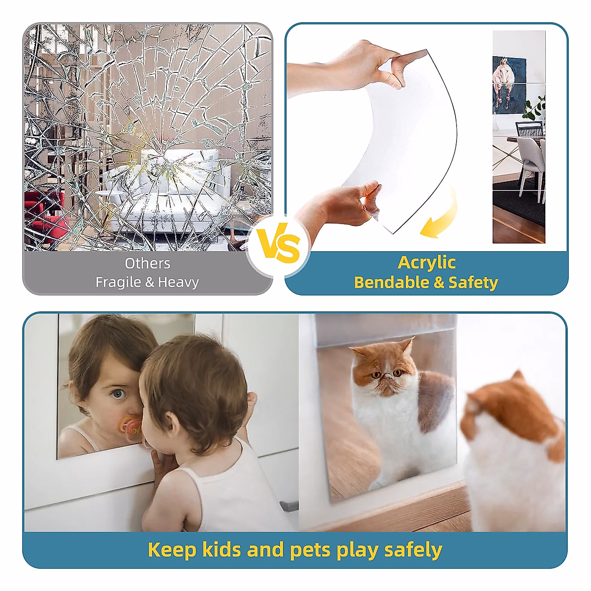 SHSYCER Full Length Acrylic Mirror Tiles 8 Pcs 12"x12", Toddler Mirror Unbreakable Non Glass Safety Frameless Preschool Mirrors for Classroom - Home Gym 12x12 Mirrors Squares for Closet Door Bedroom