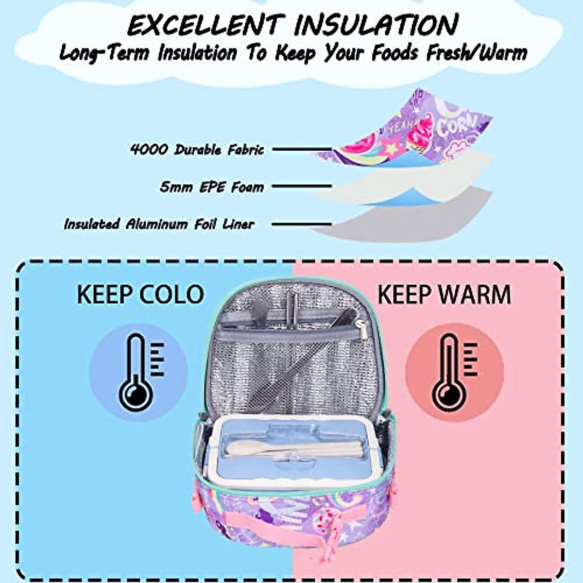 Lunch Box for Boys, Girls, Kids Insulated Lunch Bag, Perfect for Preschool, Kindergarten, Elenemtary, Cute, BPA Free, Food Safe