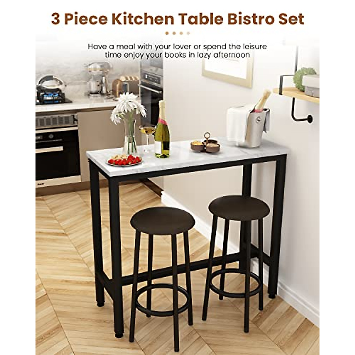 Recaceik Dining Table Set, 39.4” Rectangle Pub Dining Set Kitchen Table Set Bar Table with Stools, 3-Piece Breakfast Table Set with Metal Frame for Kitchen Dining Room w/ 2 Chairs - White