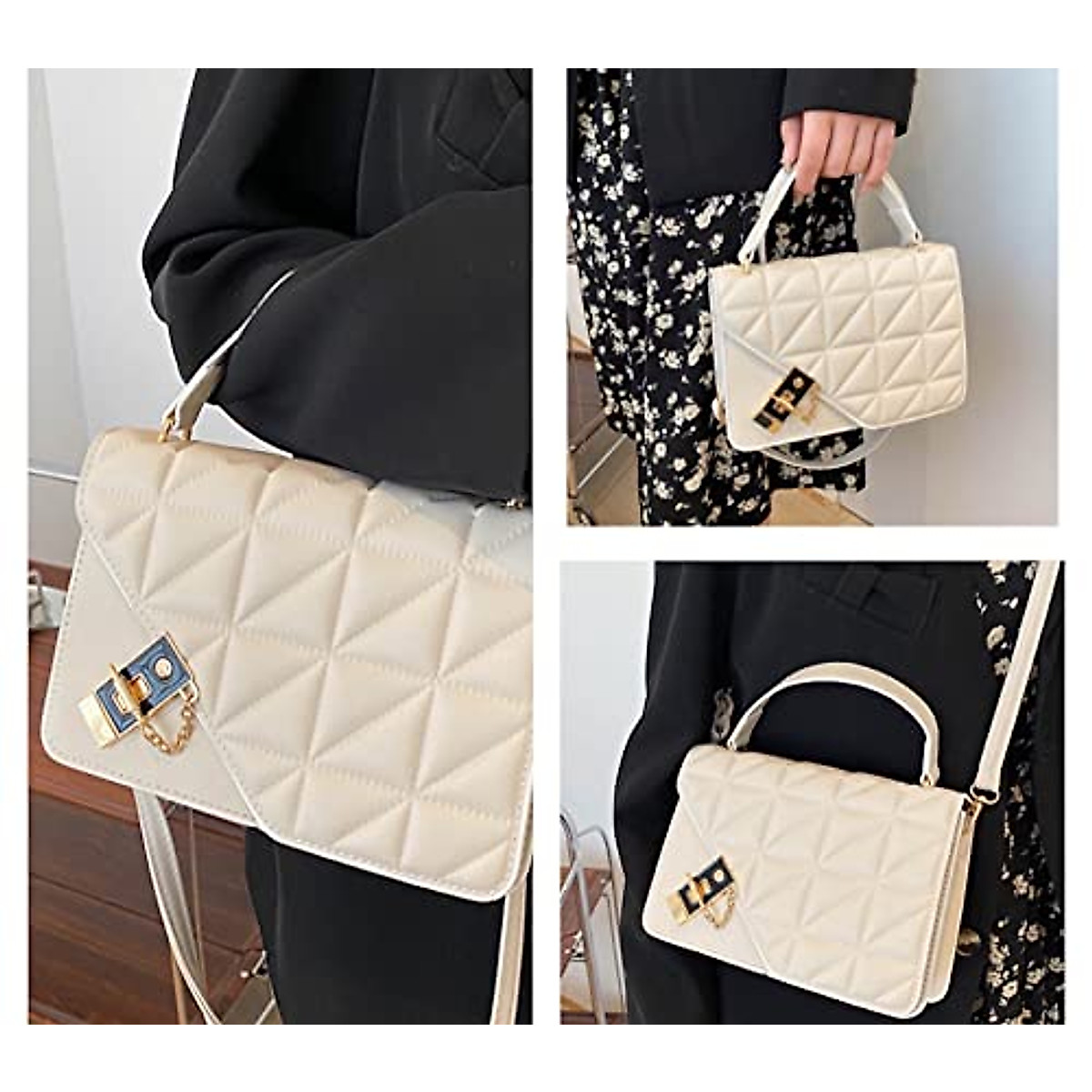 Ladies crossbody leather handbag in three classic colors with a creative geometric design and a small buckle chain closure.  (White)