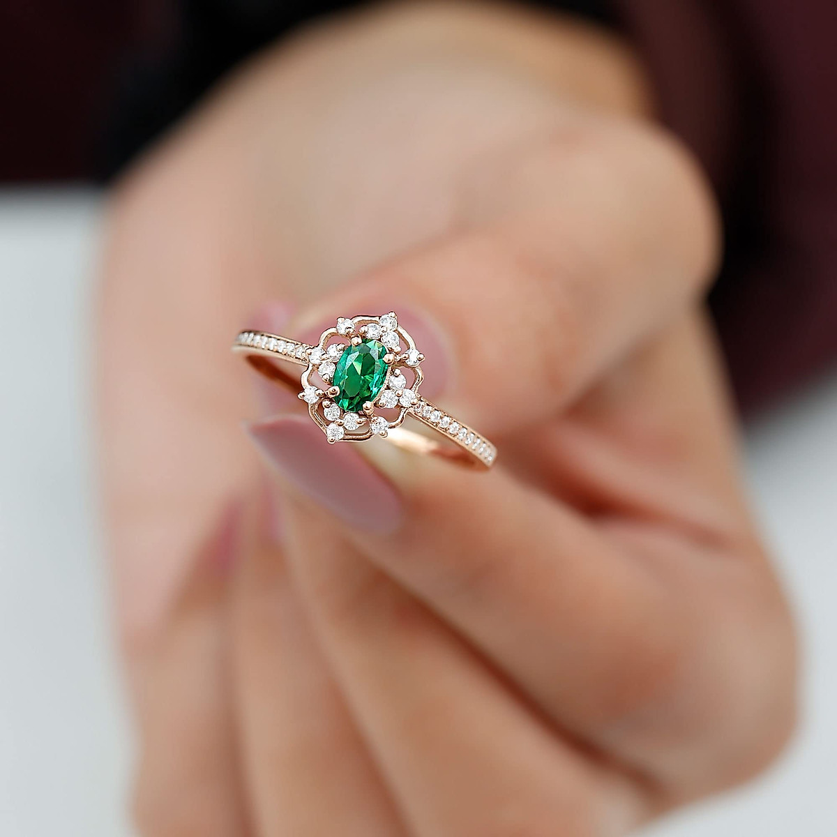 Created Emerald and Diamond Vintage Flower Engagement Ring | AAAA Quality, 14K Rose Gold, Size:US 10.50