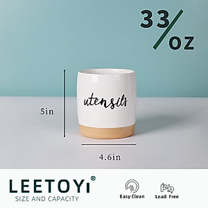 LEETOYI Ceramic Utensil Holder, Utensil Crock for Kitchen Counter, Countertop Utensil Storage Caddy Organizer, Farmhouse Kitchen Decor, Easy to Clean 33oz, White
