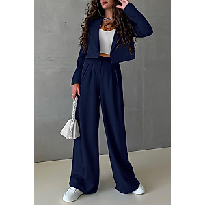 PRETTYGARDEN Women's 2 Piece Casual Outfits Cropped Blazer Jackets High Waisted Wide Leg Work Pants Suit Set (Navy,Large)