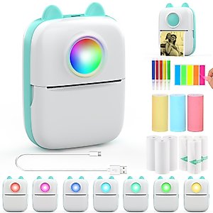 HuiJuKeJi Inkless Sticker Printer 7-Color Light Mini Thermal Printer,10 Rolls Thermal Paper,Color Pen for iOS&Android,Bluetooth Pocket Portable Receipt Printer for Photo Journal Notes Memo-Blue