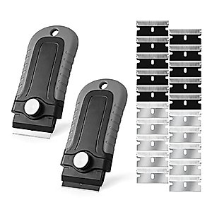 FOSHIO 2 Pack Grey Razor Blade Scraper with 20PCS Extra Razor Blades, Stainless Steel & Carbon Steel Single Edge Razor Blade Scraper Tool for Decals, Stickers, Labels, Caulk, Adhesive, Paint Removal