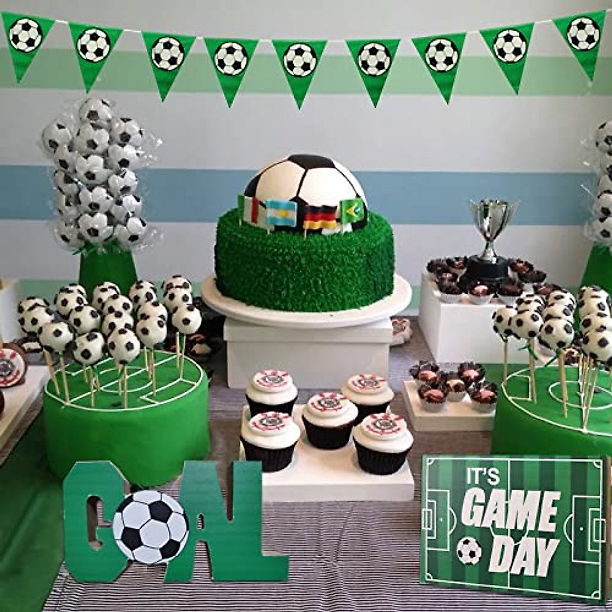 5 Pcs Soccer Decorations Farmhouse Soccer Tiered Tray Decor Soccer Party Supplies Game Day Wooden Signs for Home Kitchen Shelf Coffee Bar Table