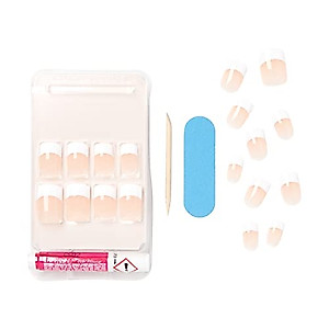 KISS Salon Acrylic French Nail Manicure Set, Medium Length, Squoval, “ Rumour Mill”, Nail Kit Includes Pink Gel Nail Glue (Net Wt. 2 g / 0.07oz.), Mini File, Manicure Stick, and 28 Fake Nails
