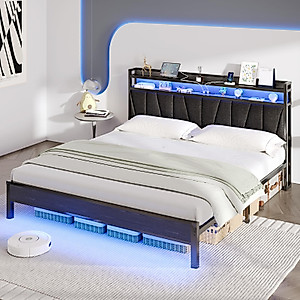 Albott King Size LED Bed Frame with Linen Upholstered Headboard, Platform Bed with 2-Tier Storage Headboard & Charging Station, Heavy Duty Metal Slats, No Box Spring Needed, Black