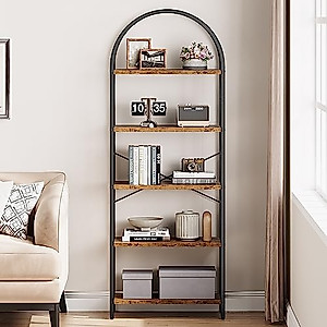 IDEALHOUSE Bookshelf 5 Tier Bookcase Arched Display Racks Tall Standing Bookshelves Metal Frame Rustic Storage Rack Shelf Brown Book Shelf for Bedroom, Living Room, Home Office, Rustic Brown